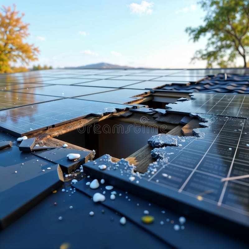 Cracked Solar Panel with Visible Damage and Support Structures ...