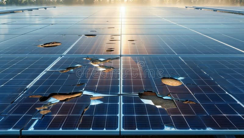 Broken Solar Panels Reflecting Light at Dawn, Generative Ai Stock ...