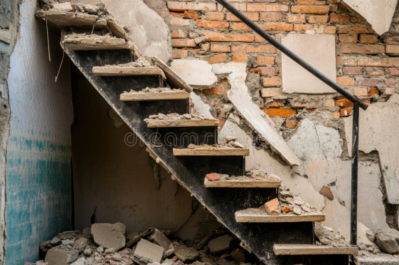 Damaged Stairway in a Building with Exposed Brick and Rubble Stock ...