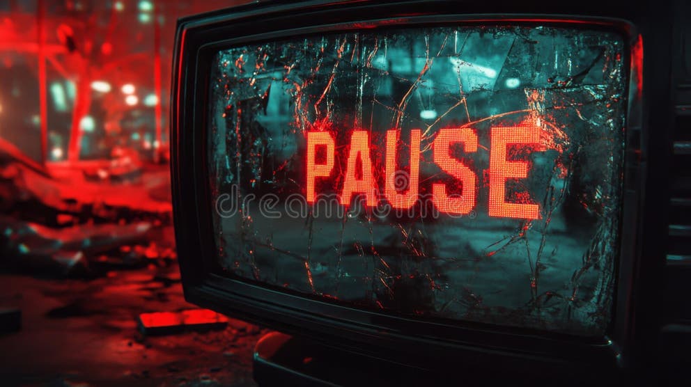 Damaged Television Screen Showing Pause in Red at Night Stock ...