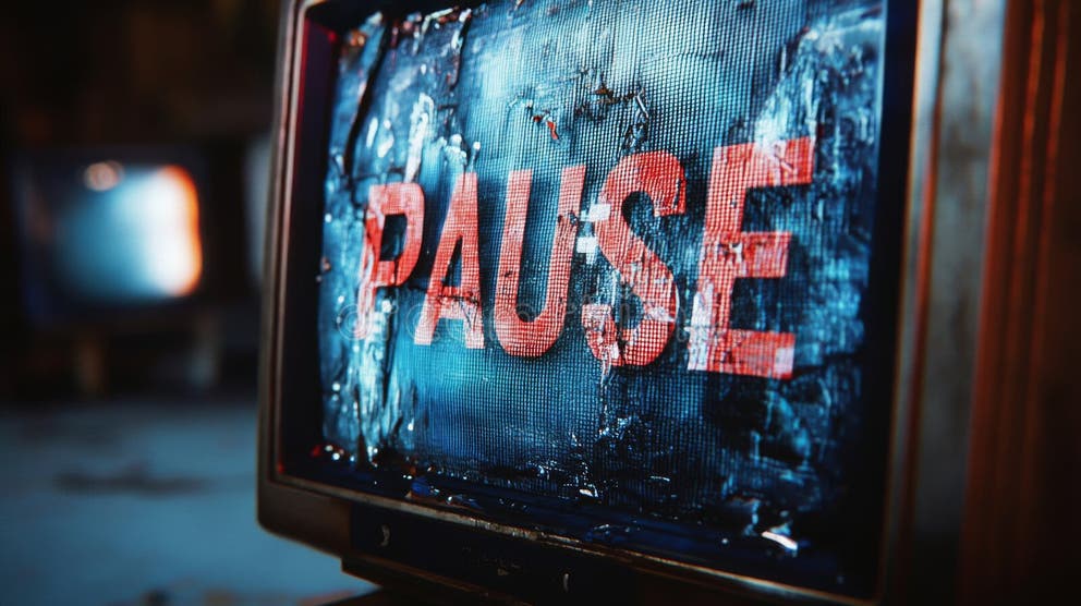 Damaged Television Screen Showing Pause Text Stock Illustration ...