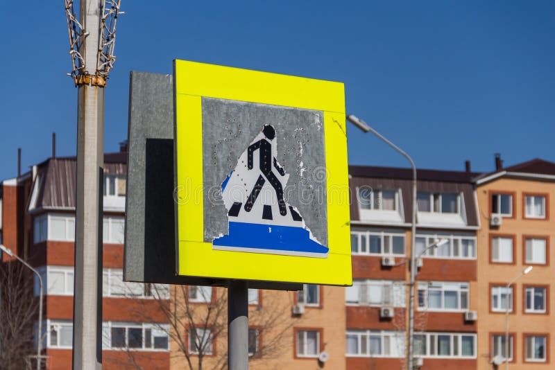 Damaged and Torn Road Sign "Pedestrian Crossing" Stock Photo - Image of ...
