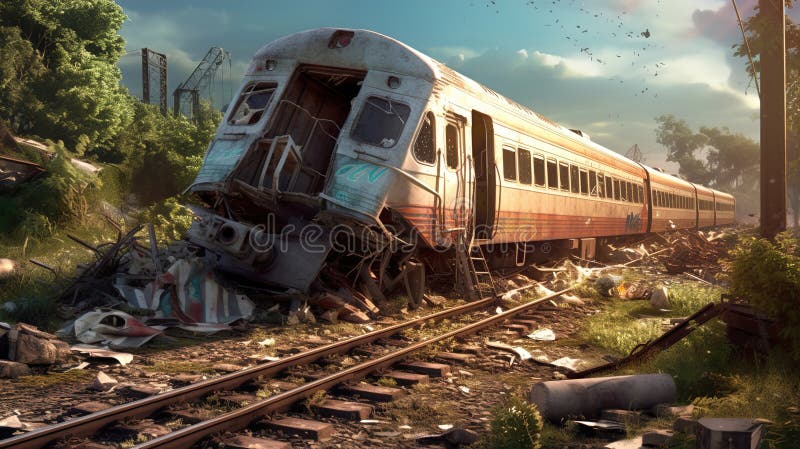 Damaged Train on Rails. Destroyed Railroad Stock Illustration ...