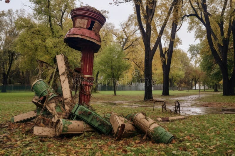 Damaged and Twisted Park Signage Post-storm Stock Illustration ...