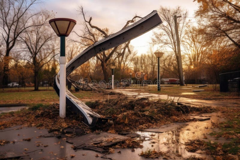 Damaged and Twisted Park Signage Post-storm Stock Illustration ...