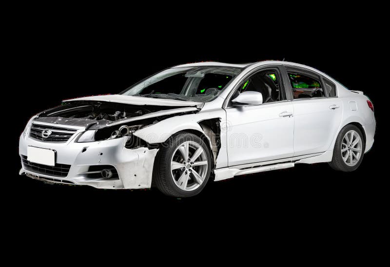 Damaged White Sedan Car with Visible Structural Damage and a ...
