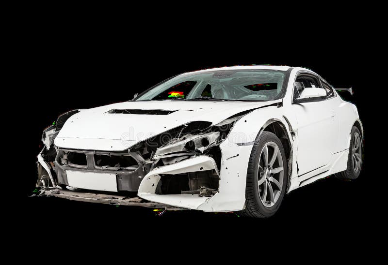 A Damaged White Sports Car with a Broken Front End and Visible ...