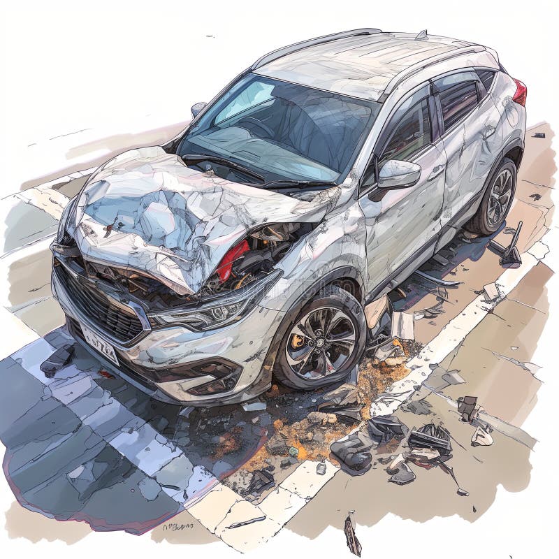 Damaged White SUV with Significant Front-end Collision Impact Stock ...