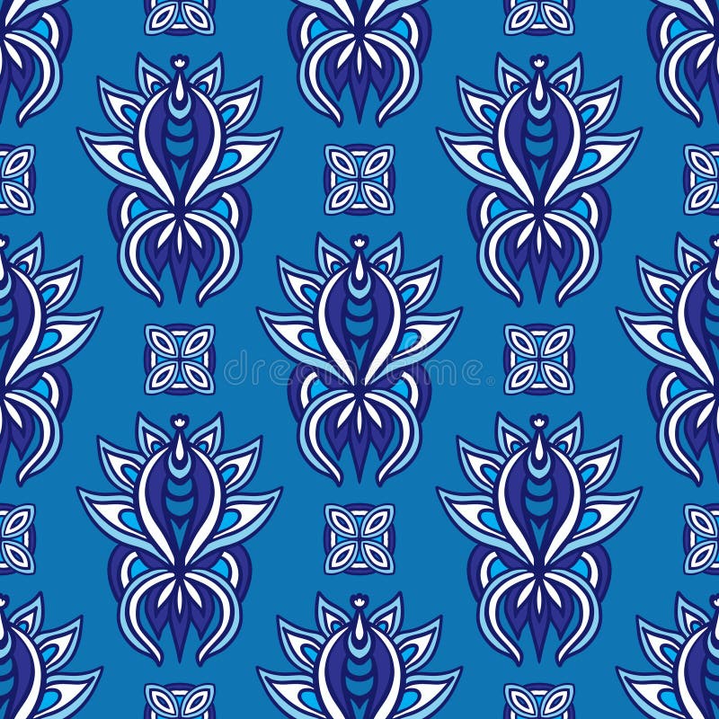 Damask Flower Vector Seamless Pattern. Blue and White Flourish Ceramic ...