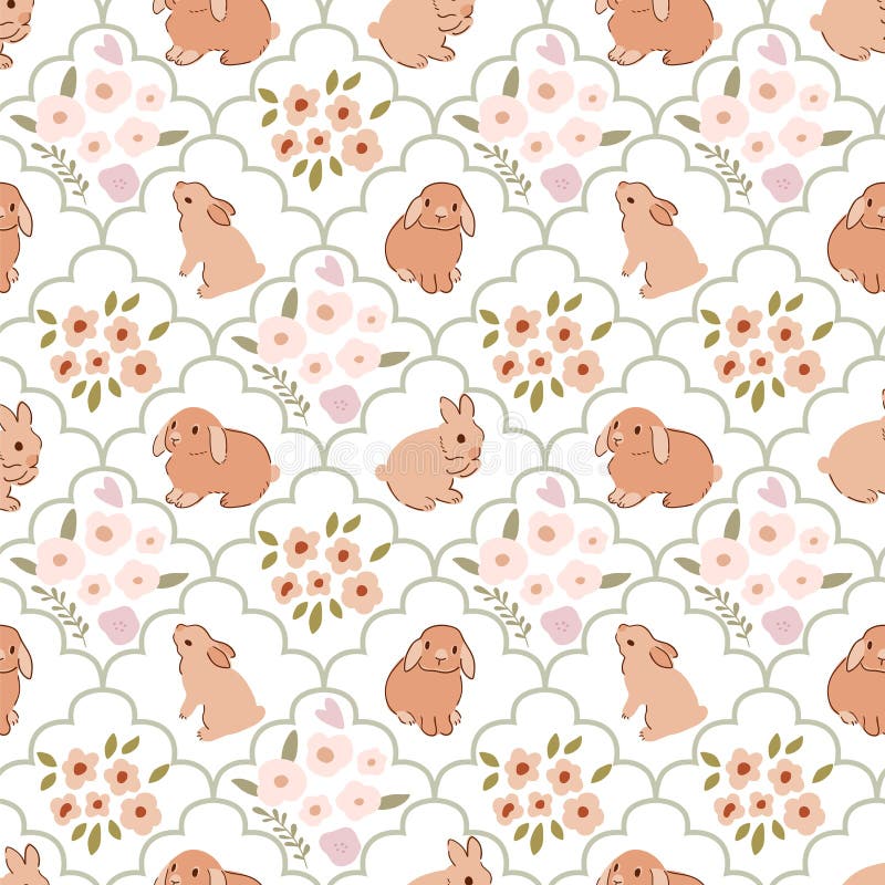 Damask Hand Drawn Wallpaper. Easter Pastel Rabbit Bunny and Tiny ...
