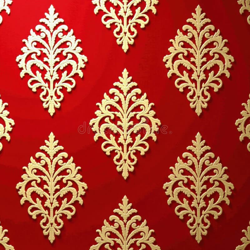 Damask Pattern on Red Wallpaper with Gold and Cream Accents , Design ...