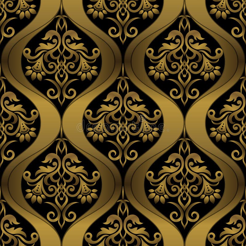 Black and Gold Digital Paper. Seamless Damask Pattern for Background or ...