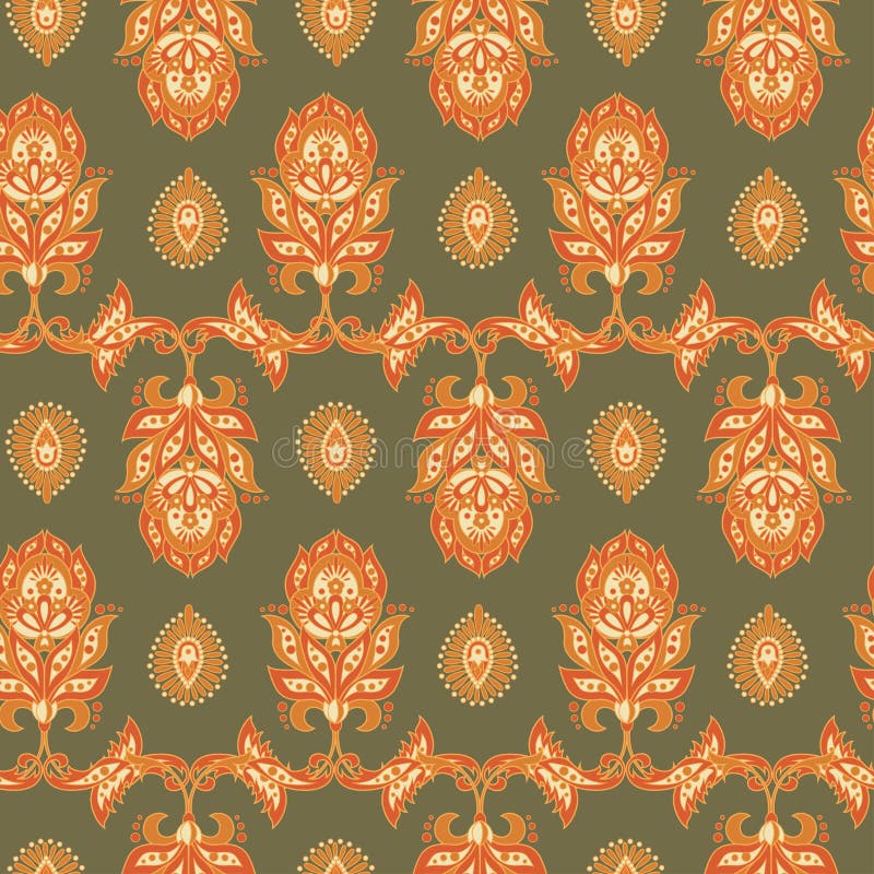 Damask Seamless Pattern with Flowers in Indian Style. Floral Vector ...