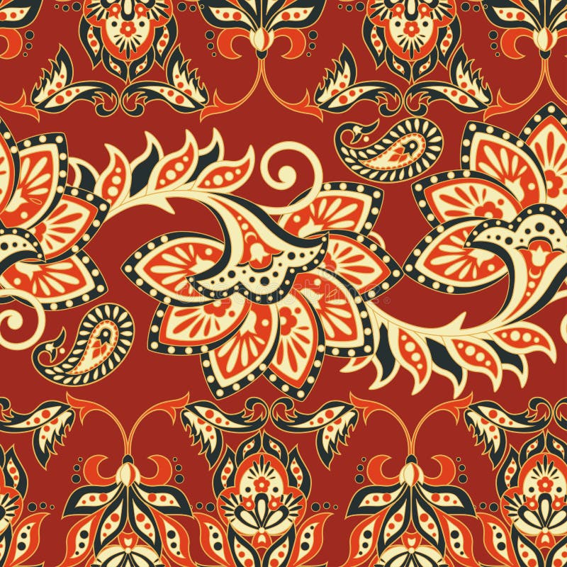 Damask Seamless Pattern with Flowers in Indian Style. Floral Vector ...