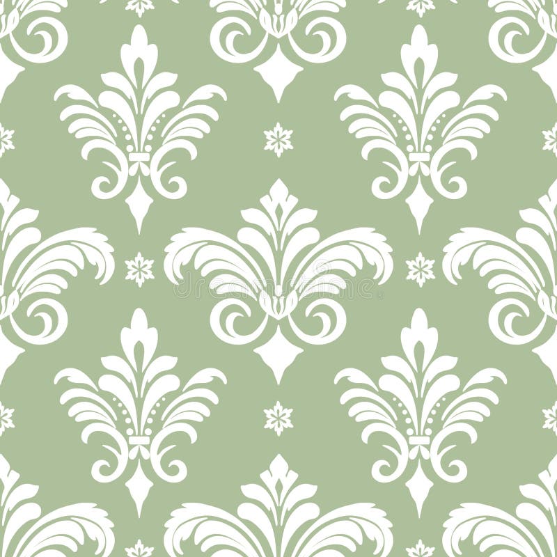 Damask Seamless Pattern with White Floral and Dull Green Background ...