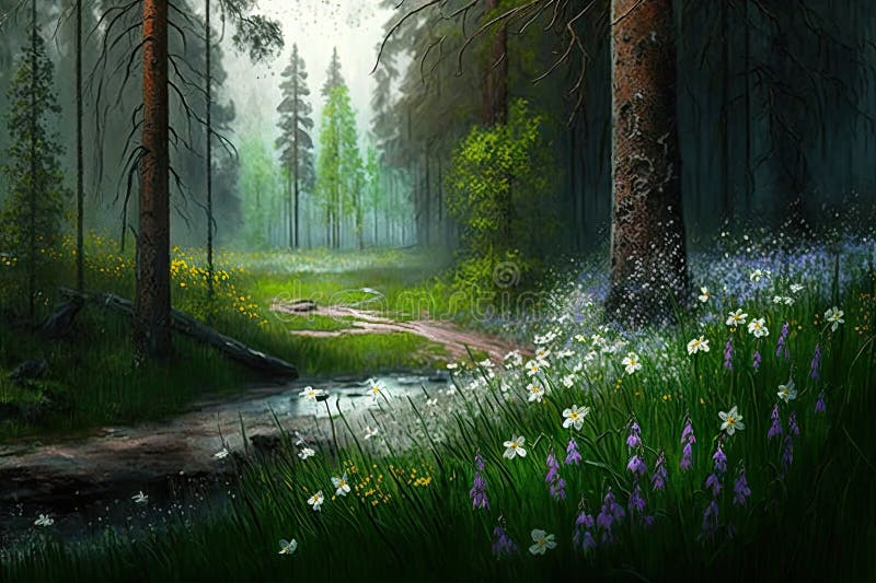 Damp Grass and Flower Meadow in Forest on Spring Day Stock Illustration ...
