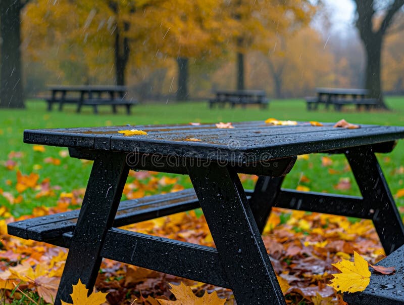 A Damp Picnic Table Encircled by Fall Foliage in a Peaceful Park. Stock ...