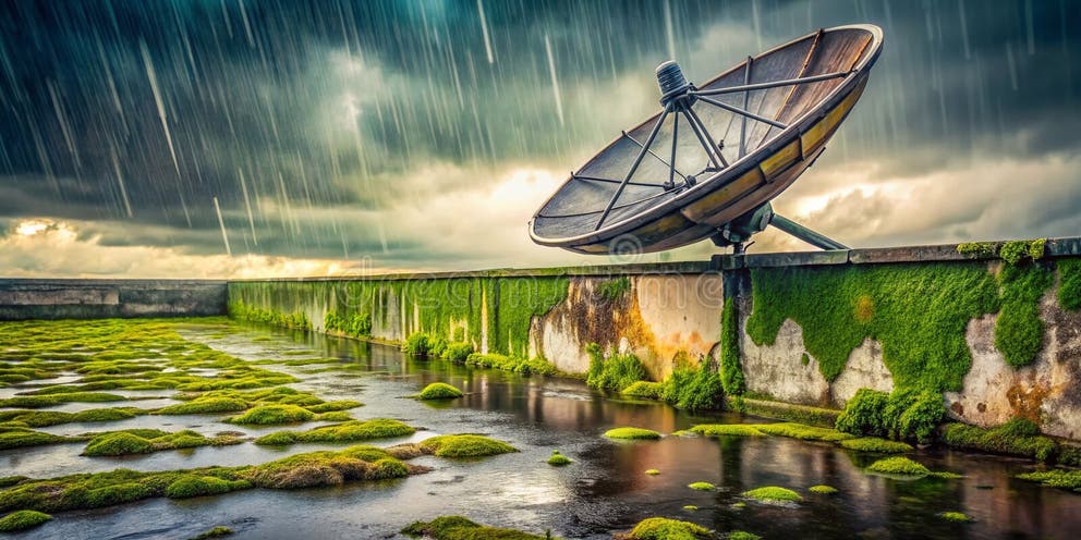 A Dampened Satellite Dish on a MossCovered Rooftop Under an Overcast ...