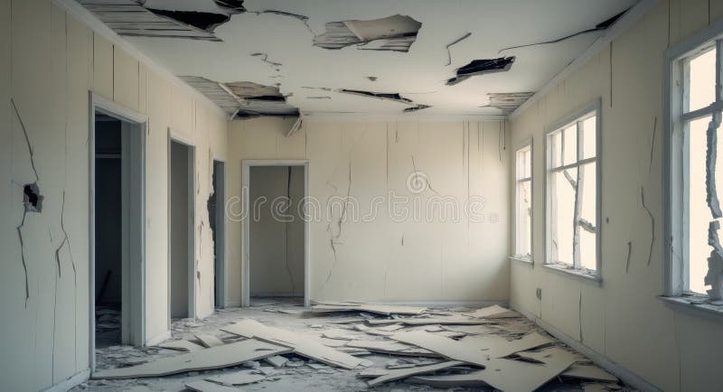 Dampened Walls and Ceiling of Ruined House with Broken Windows and ...