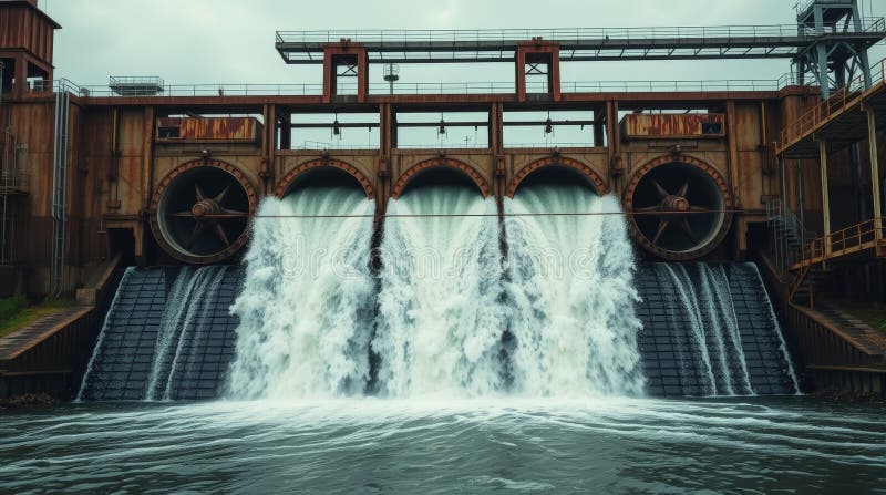 Massive Rusty Dam with Metal Seams and Water Discharge in a Retro ...