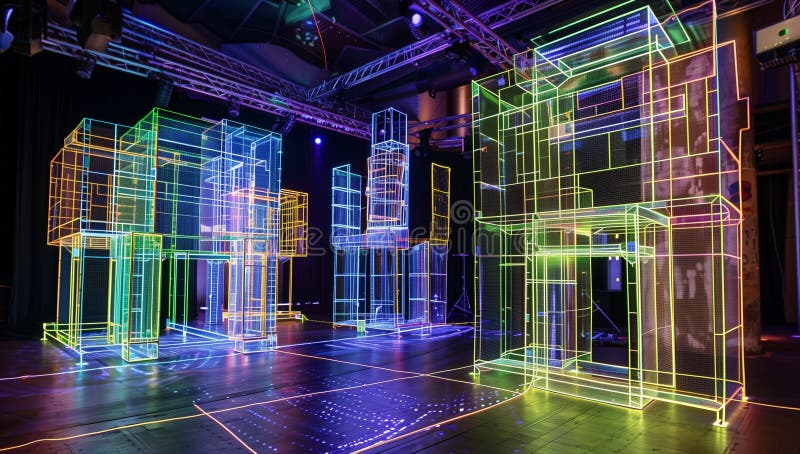 A Dance Floor with Three Different Colored Neon Grid Structures in the ...