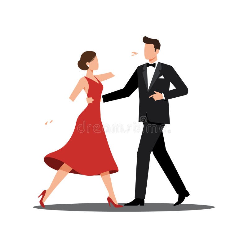 Couple Dancing Elegantly in Red Dress and Tuxedo Flat Vector Art Stock ...