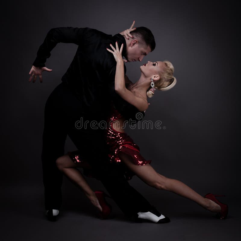 Dance Ballroom Couple in Gold Dress Dancing on Studio Background. Stock ...