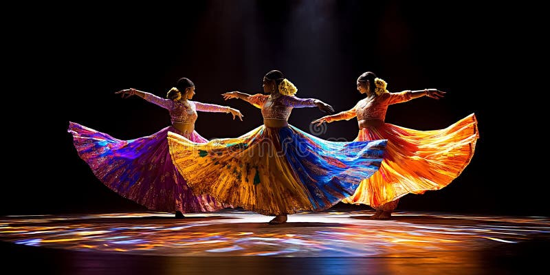 Dance Performers Twirling Gracefully in Colorful Skirts. Dramatic ...