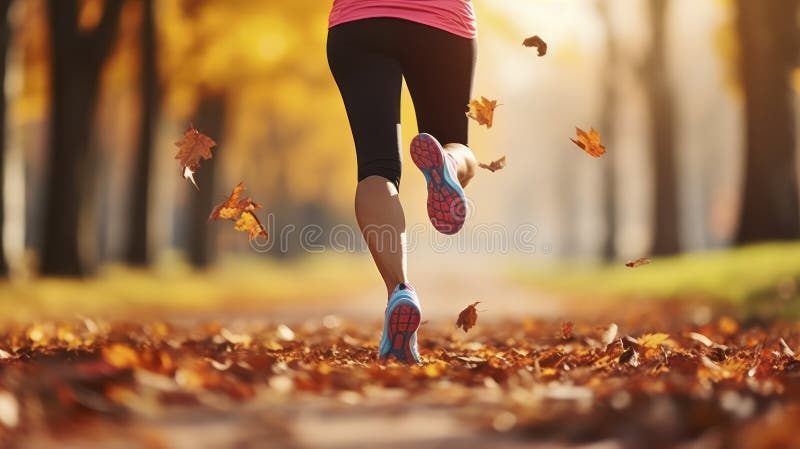 The Dance of a Runner S Feet among Fall Foliage. Concept of Training ...