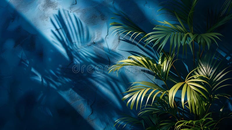 Shadows of Tropical Plants on a Navy Blue Plaster Wall. Exotic ...