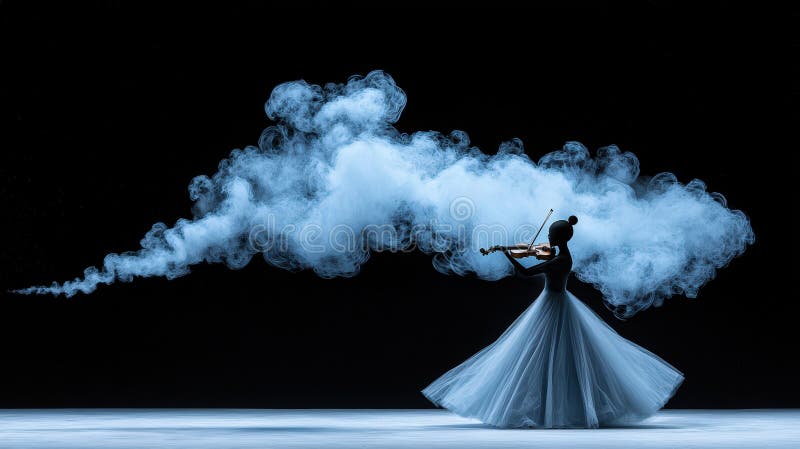 Dancer in Elegant Dress Playing Violin with Smoke Swirling Around ...