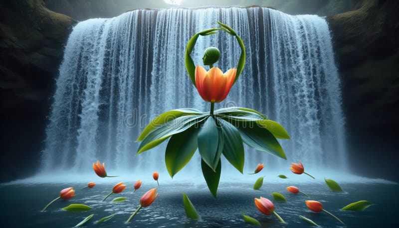 Dancer Figure Formed by Leaves in Front of a Waterfall. Fantasy Concept ...