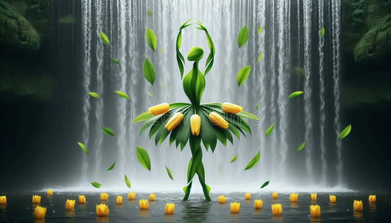 Dancer Figure Formed by Leaves in Front of a Waterfall. Fantasy Concept ...