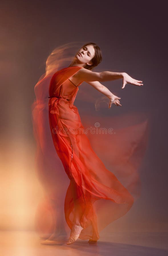 Woman Dancing in Red Dress, Fashion Model Dance Flying Gown Fabric ...