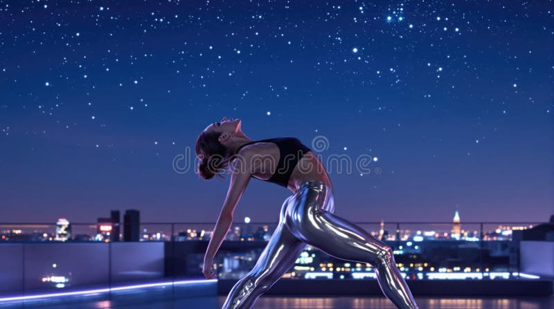 Dancer Performing Under a Starry Night Sky in a City Rooftop Setting ...