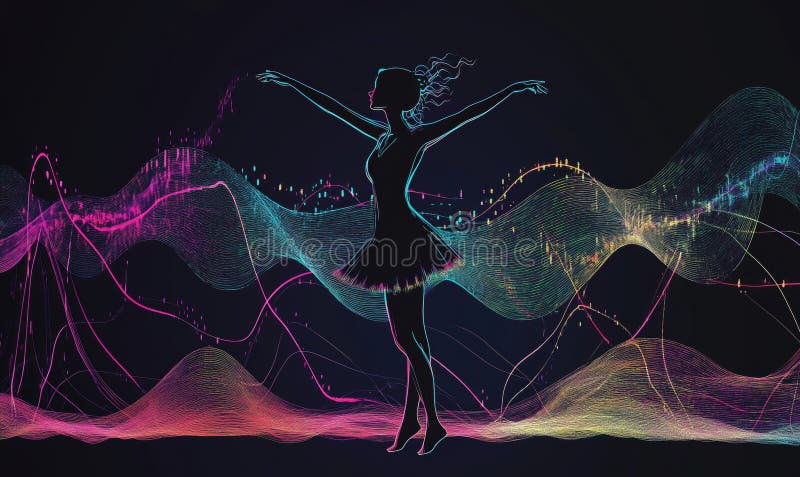 Dancer Silhouette Amidst Colorful Sound Waves and Data Visualizations ...