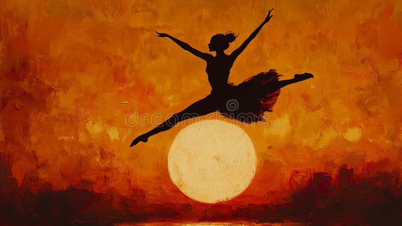 Dancer Silhouette Leaping Against Vibrant Sunset Backdrop Stock ...