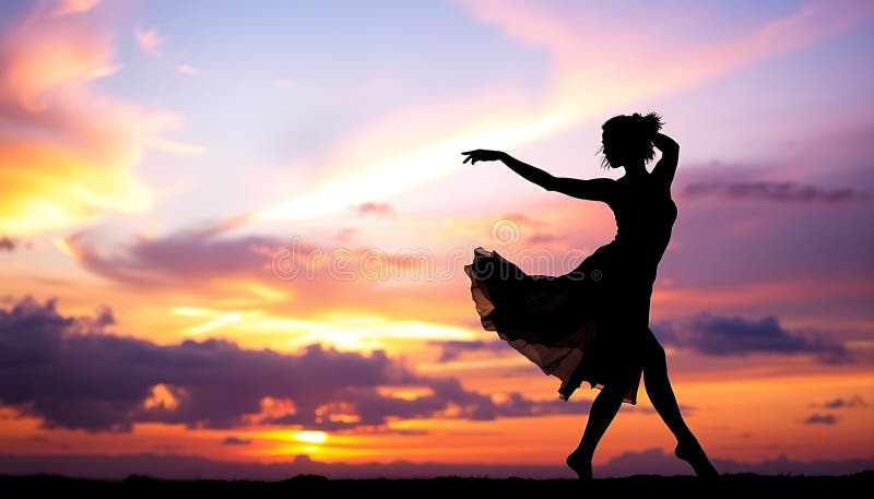 Dancer Silhouette at Sunset, Artistic Dance Pose in Dusk Light ...