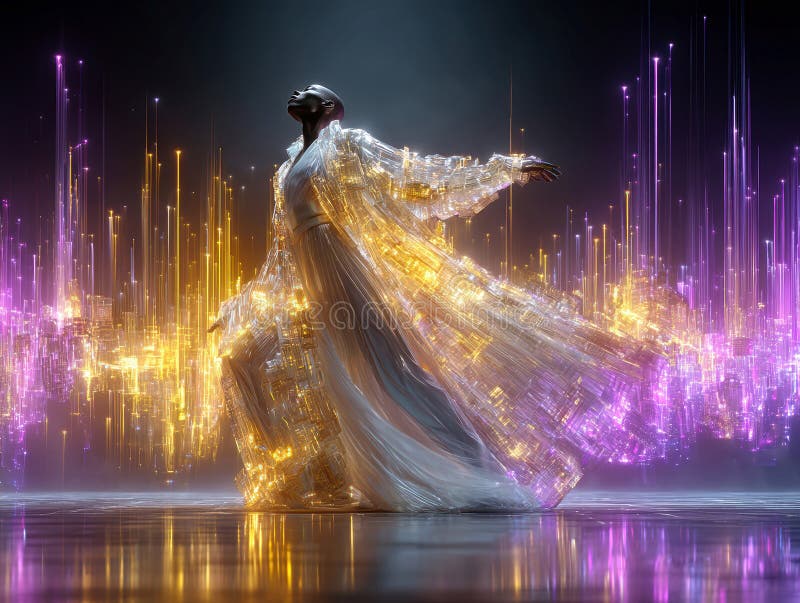 Dancer in Silver Suit Moves through Neon Light, Abstract Background ...