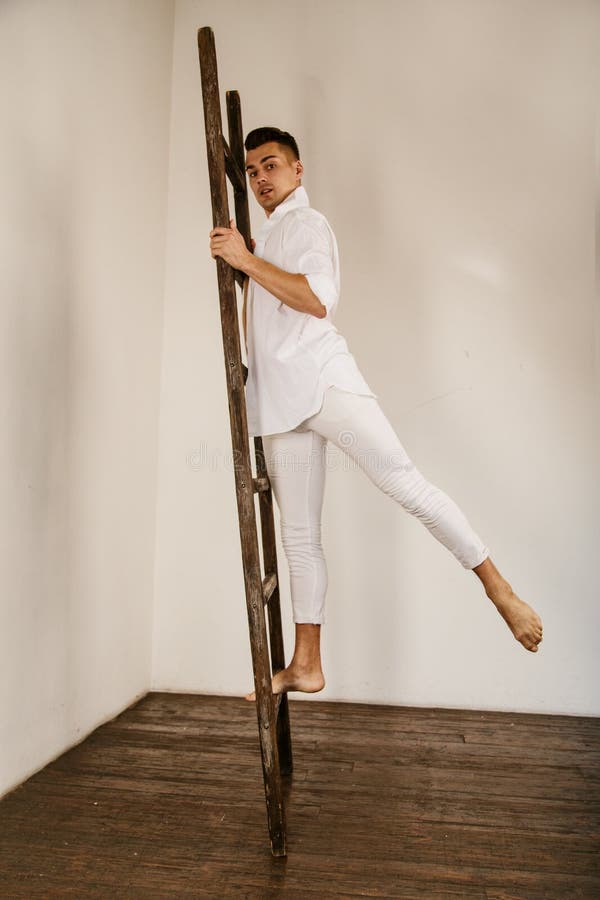 Dancer in Studio, Boy Jumping and Dancing, Professional in Light Wear ...