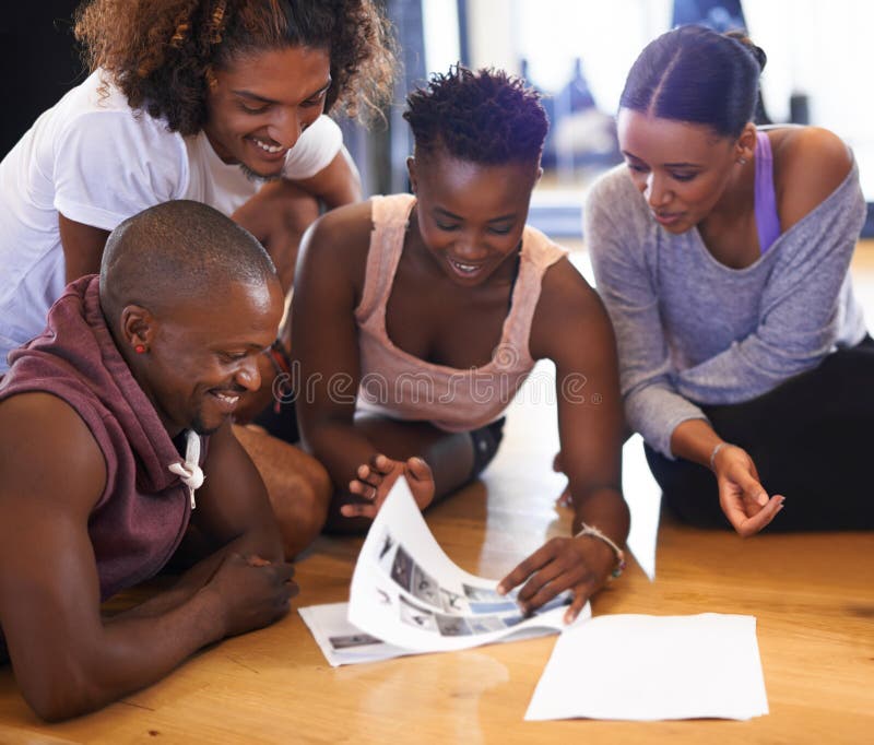 Dancer, Talking and Group on Floor with People Reading Paper, Catalog ...