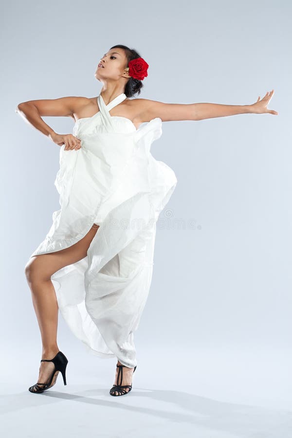 Dancer in White Gown and Red Rose. Stock Photo - Image of expressive ...