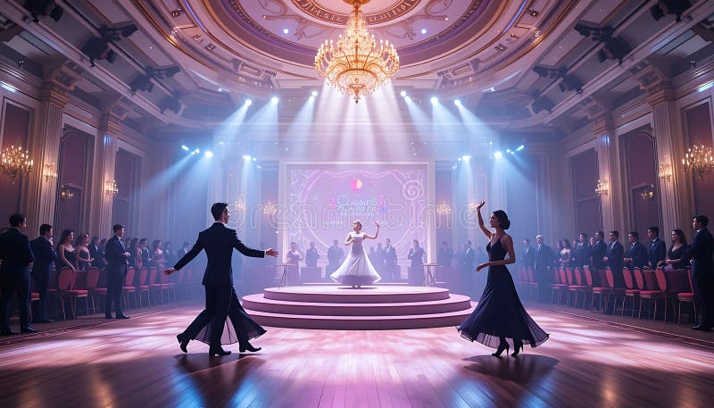 Dancers Performing on Stage in Elegant Ballroom with Audience Watching ...