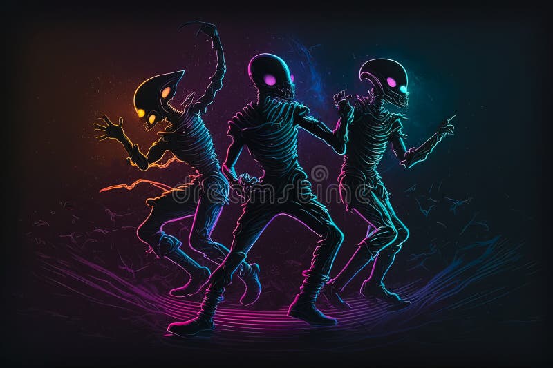 Dancing Aliens on Solid Dark Background. Synthwave Style Stock ...