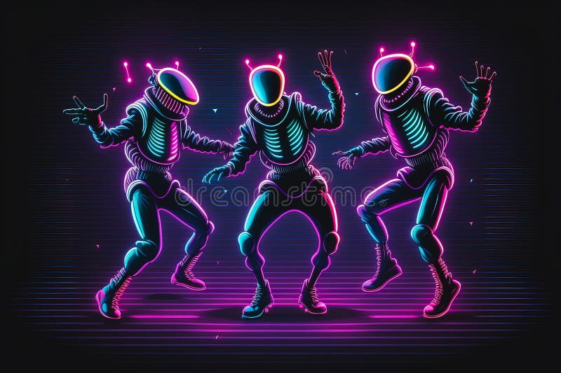 Dancing Aliens on Solid Dark Background. Synthwave Style Stock ...