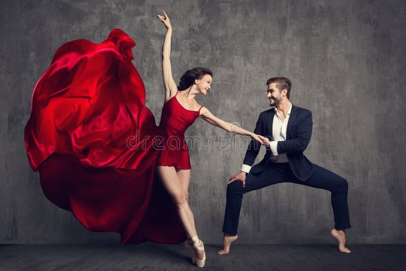 Dancing Ballet Couple Beautiful Woman In Red Dress And Man In Suit