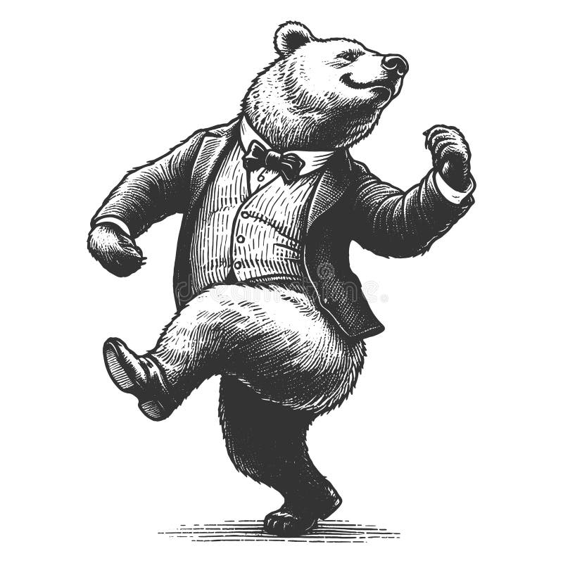 Dancing Bear Pointing Direction Engraving Raster Stock Illustration