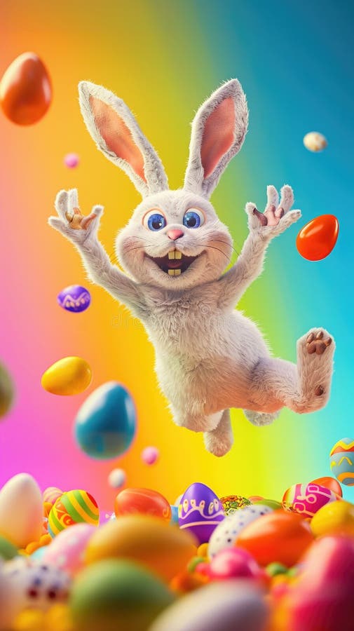 A Dancing Bunny Surrounded by Vibrant Easter Eggs in a Dreamy Pastel ...
