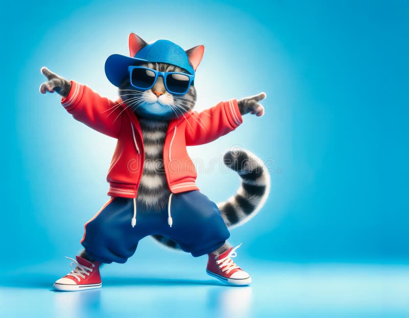 Dancing Cat Rapper with Sunglasses Funky Cool Looking on Simple Blue ...