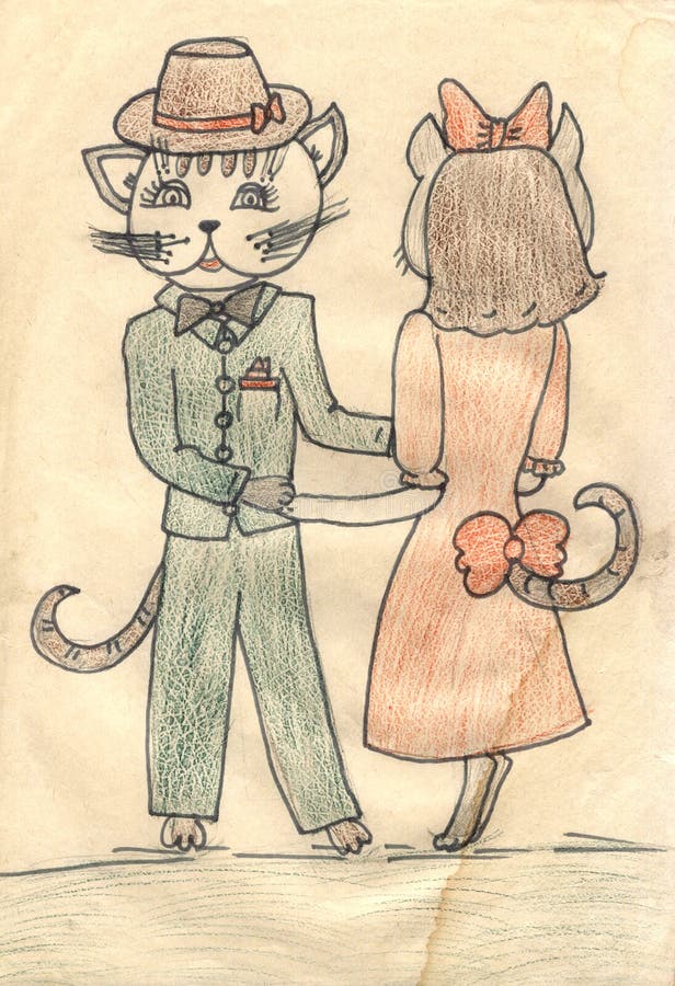 Dancing cats, kids drawing stock illustration. Illustration of dance ...